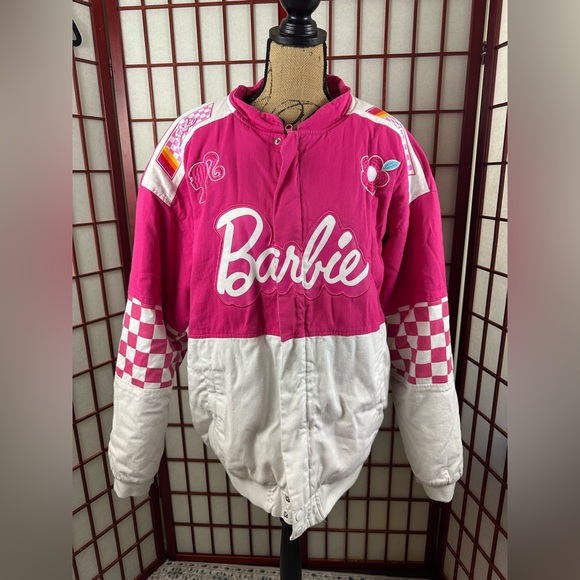 Barbie | Jackets & Coats | Barbie Pink And White Checkered Racing ...